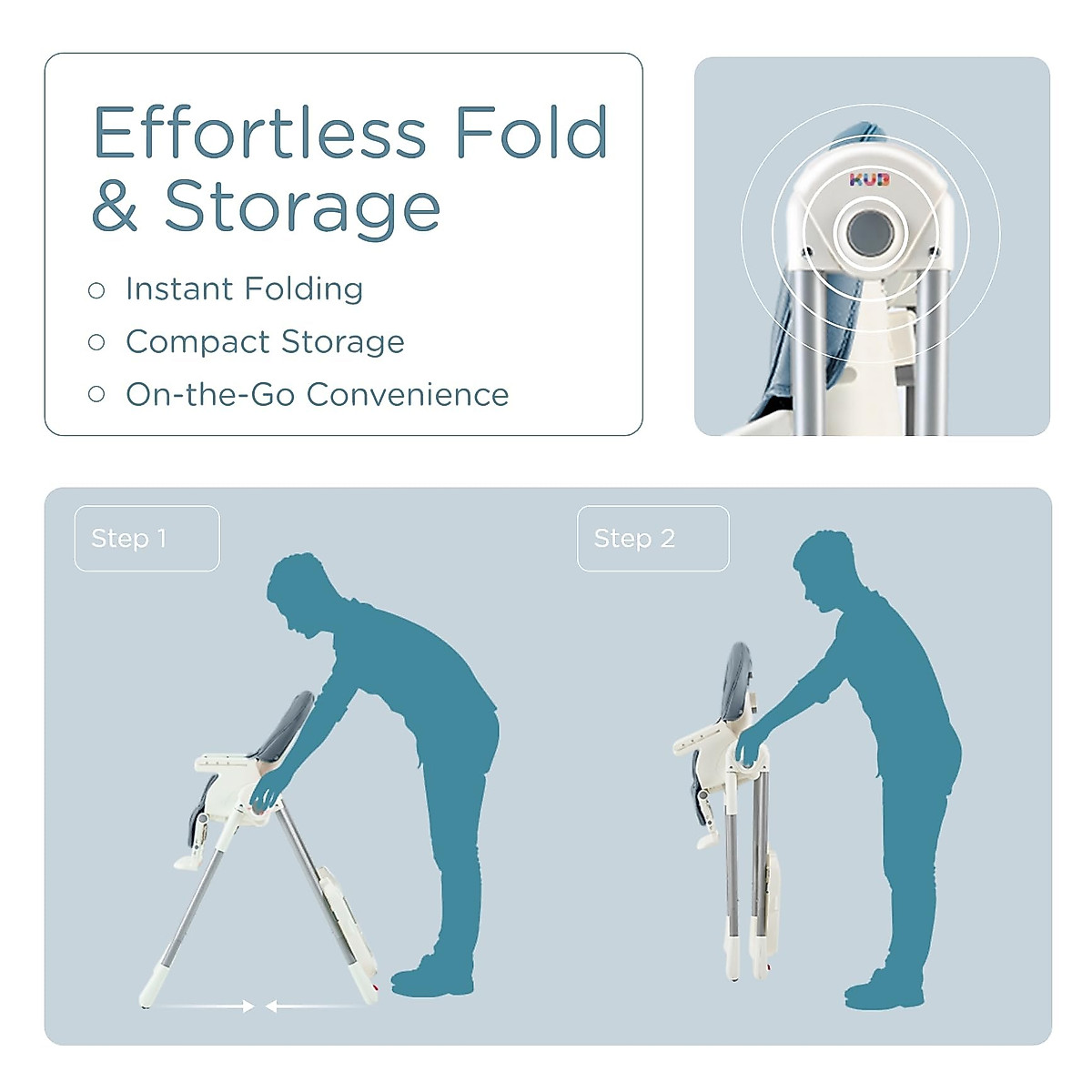 KÜB 3-in-1 Foldable Baby High Chair (Blue) | Multifunctional Infant HighChair for Babies & Toddlers | Removable Seat & Tray for Easy Clean | 7 Height & 4 Recline Adjustable | 2 Locking Wheels | Safe