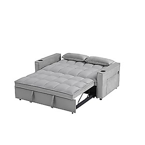Convertible Loveseat Futon Sofa Couch with Pull-Out Sleeper,Recliner Lounge Sofá Bed Chair,Love Seat Sofabed w/Adjustable Reclining Backrests,USB Ports&Cup Holders for Living Room,Full Size