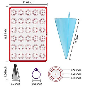 Silicone Baking Mat Macaron Baking Kit, Macaroon Baking Mat Set of 2 Half Sheet Nonstick Baking Mats, 6 Piping Tip, 2 Piping Bag and 2 Tie - Reusable Nonstick Liners for Baking Pans(16.5"x11.6")