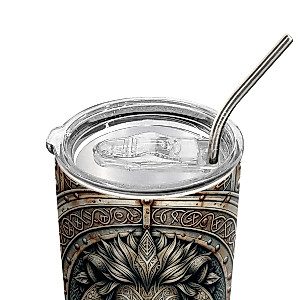 20oz Viking Celtic Warrior Lion Tumbler, Norse Mythology, Viking Gifts for Men, Coffee Thermos for Men, Stainless Steel Double Wall Vacuum Insulated Coffee Mug, Travel Cup with Lid