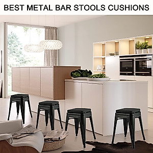 BUYUE Enhanced Anti-Slip Magnetic Bar Stool Cushions Set of 4, Luxury PU Leather Waterproof Small Seat Cushions for Café Bistro Stackable Metal Stools (Square, Black, 4)