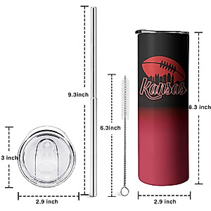kansas Classic Stainless Steel Tumbler with Lid and Straw, City Football Fans Gifts,20oz Football Team Skinny Travel Mug Tumbler Cup Water Botter