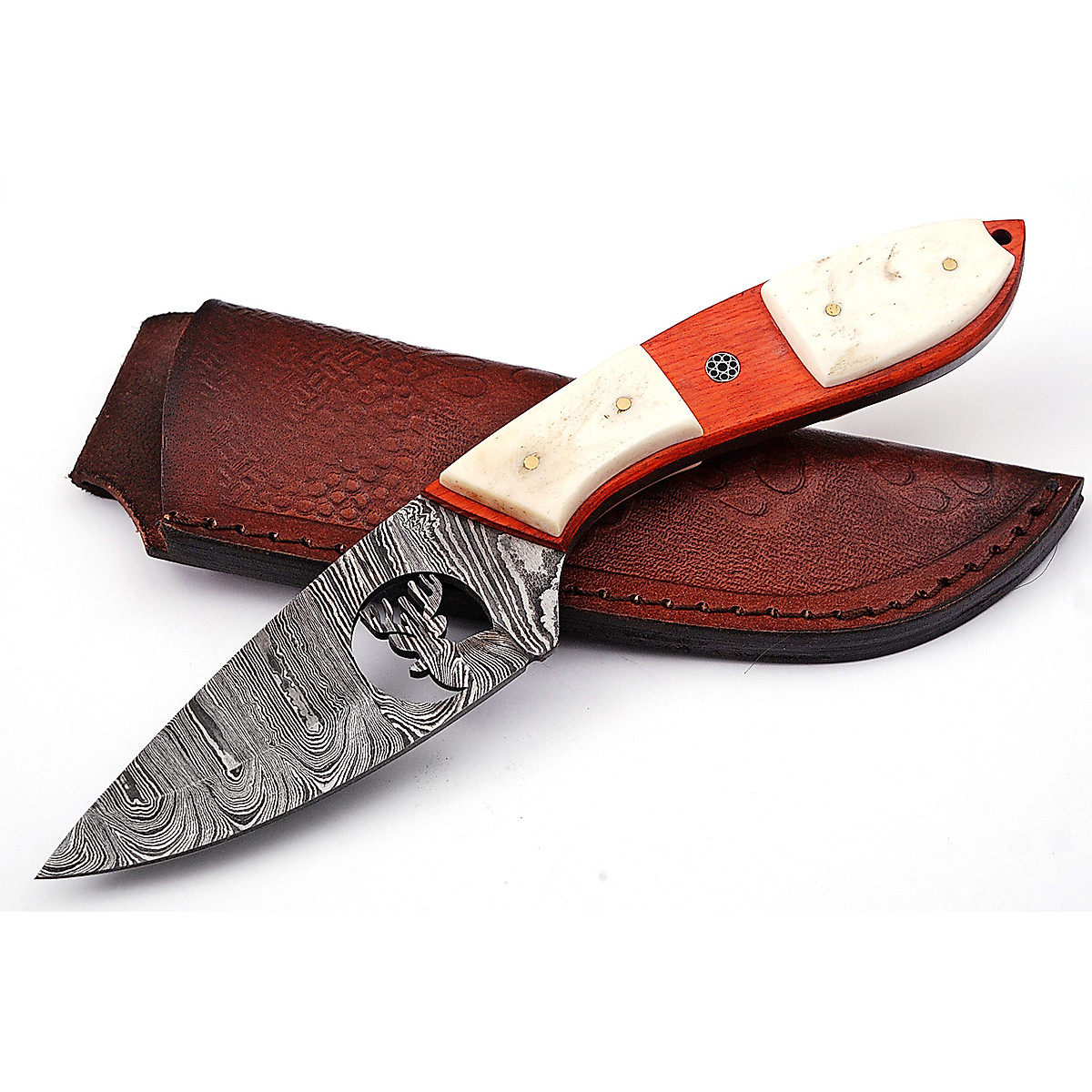 TMBrands Damascus Hunting Knife, Fixed Blade Knife, Camping Knife & Gift Knives with Rose Wood & Bone Handle & Leather Knife Sheath