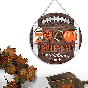 Personalized Football Door Hanger Fall Sign Custom Text Wooden Tis the season Front Door Sign Front Porch Decor Fall Welcome Sign Football Fall Hanging Decorations Autumn Thanksgiving Christmas Seasonal Decor