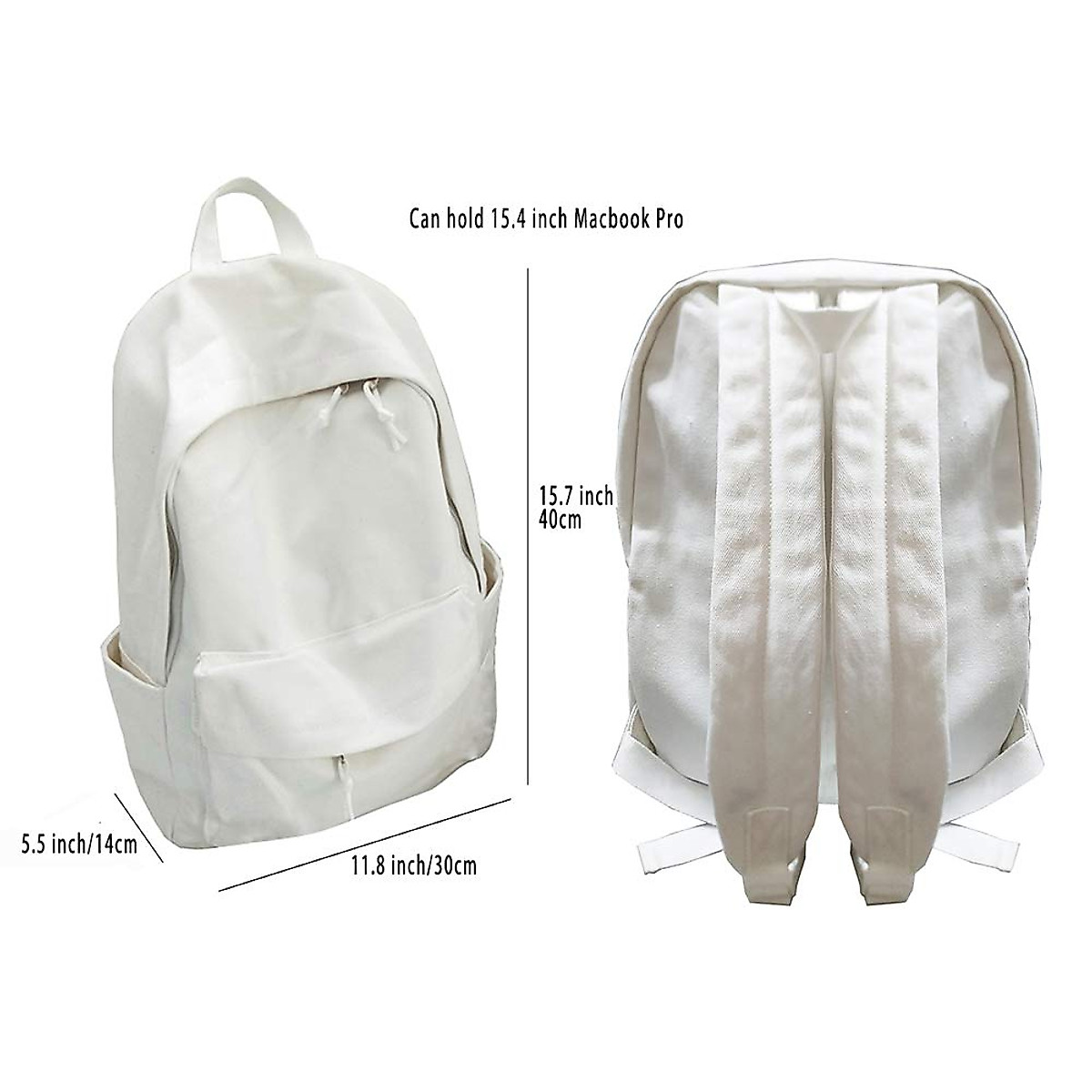 Jesdo DIY Canvas Backpack Large Casual Daypack Satchel (White with Side Pockets)