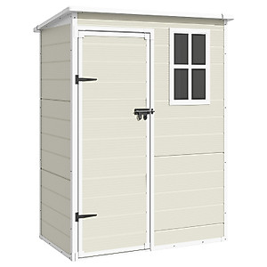 Poteban Outdoor Storage Shed, 5x3FT Resin Shed with Floor and Lockable Door for Bike, Garbage Cans,Garden Accessories, Sandstone