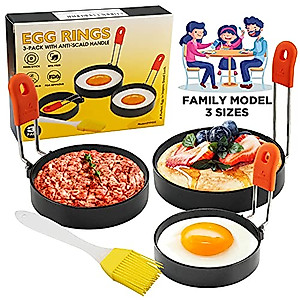 meidong Egg Ring 3 Packs in 3 Sizes Anti-Scald Egg Rings for Frying Leak-Proof with an Oil Brush Fold-up Stainless Handle Nonstick Egg Rings Mold (3 + 3.6 + 4.2 inch)
