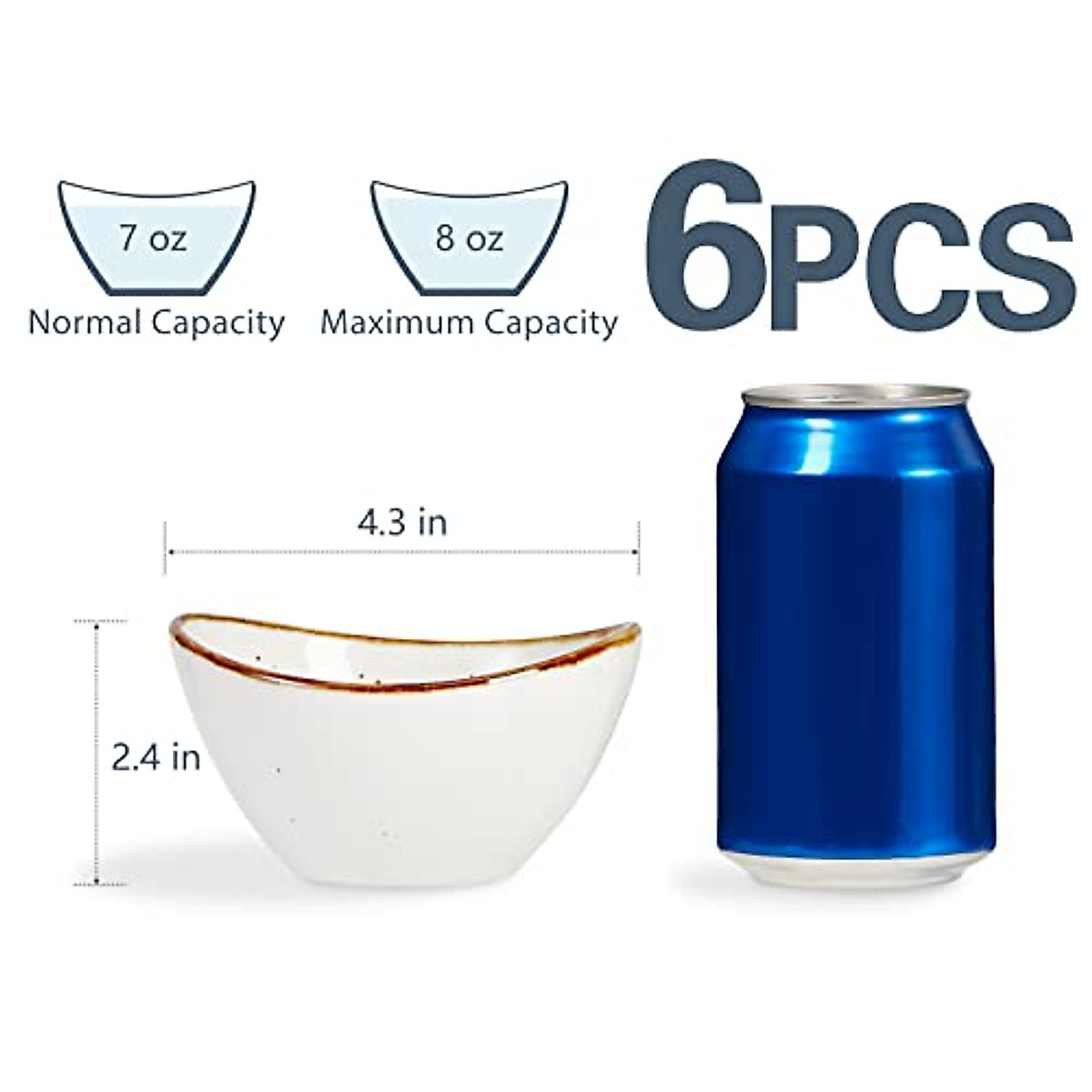 ONEMORE Ceramic Bowls, 8 oz Ice Cream Bowls Oval Salad Bowl Set of 6 Small Serving Bowls for Charcuterie Board, Dessert, Dips, Cereal, Side Dishes - Microwave, Dishwasher and Oven Safe - Creamy White