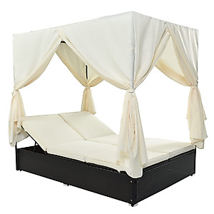 Bellemave Outdoor Patio Wicker Sunbed Daybed with Side and Overhead Curtains,Wicker Rattan Sunbed with Four-Sided Canopy and Adjustable Seats for Balcony Garden Backyard Poolside(Beige)