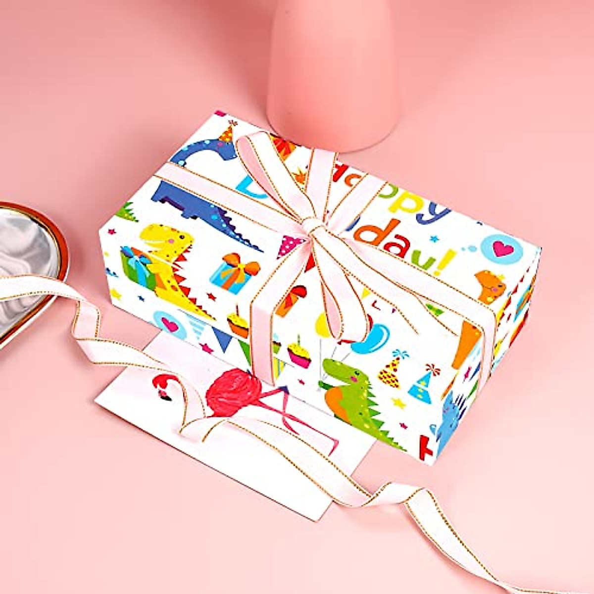 Buperor Happy Birthday Dinosaur Wrapping Paper,10 Sheets Pre-cut Funny Wrap for Girls Boys Kids Holiday Party Festival Anniversary, 19.7 X 27.6 Inch， Folded Package, Not rolled