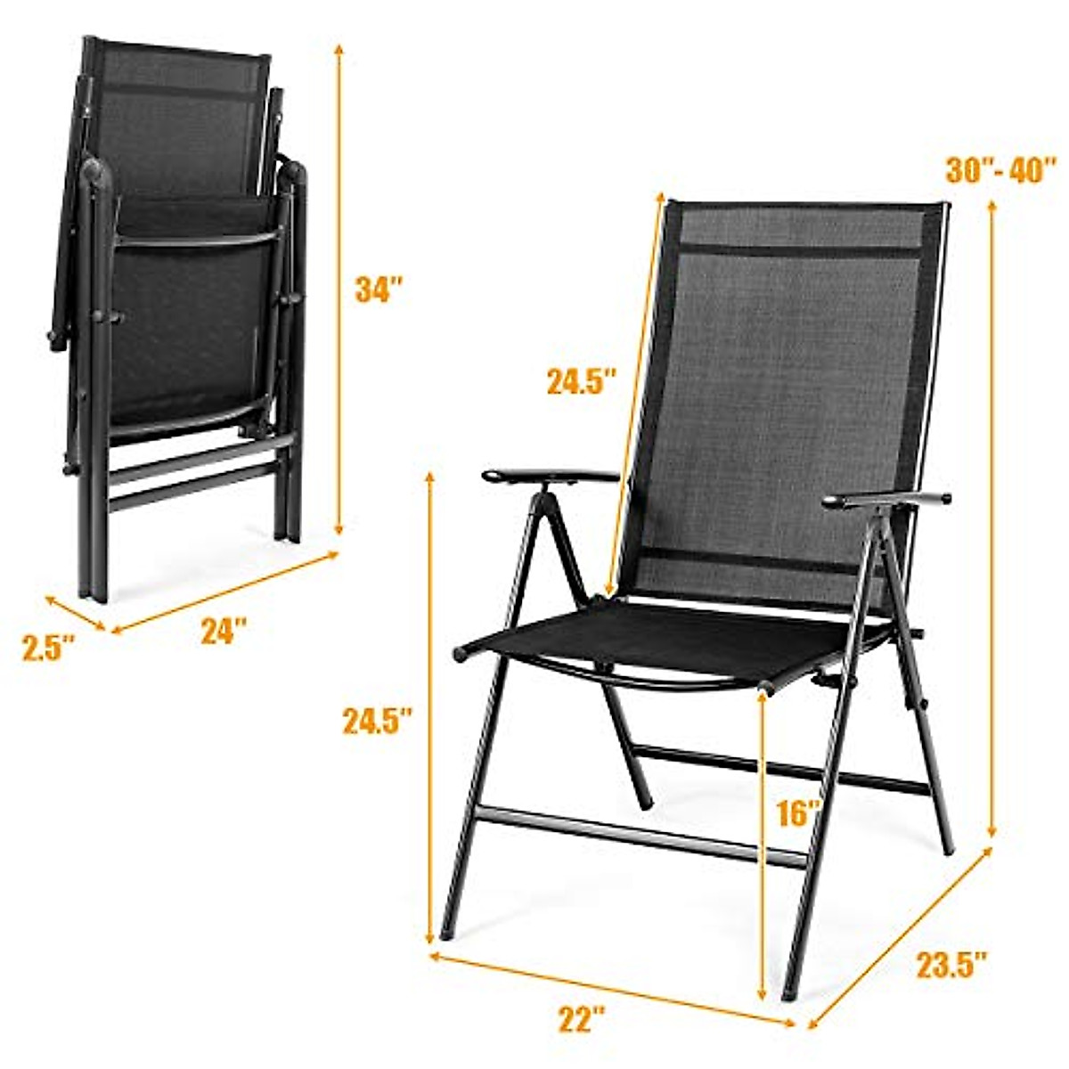 Giantex Set of 2 Patio Dining Chairs, Folding Outdoor Chairs, Portable Camping Chairs with Breathable Fabric, Foldable Chairs with Armrest High Backrest for Garden Patio Pool Beach Yard, Black