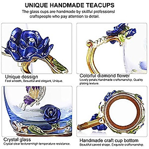 Tea Cup Glass Coffee Mugs (12 oz), Pack of 2 Fancy Tea Cups, Clear Glass Cups with Spoon Set, Mother's Day Gifts, Handmade Butterfly, Rose Flower Enamel Design, Birthday Decoration Wedding Gift Ideas