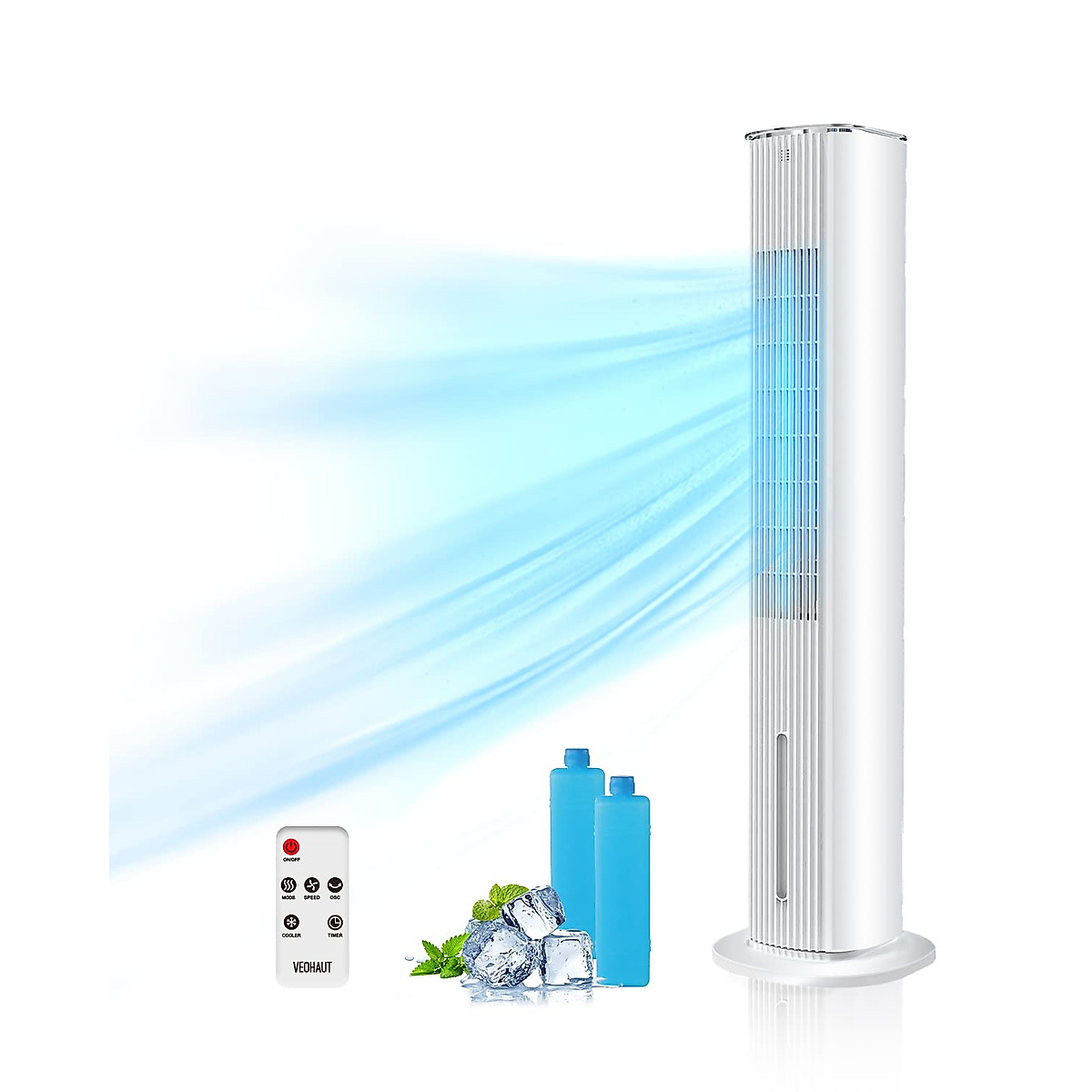 Evaporative Air Cooler Portable Cooling Fan, Cool with 3 Speeds, 12H Timer Evaporative Cooler, Bladeless Fan Ice Boxes Contained, Remote Control Tower Fan for Large Room Office