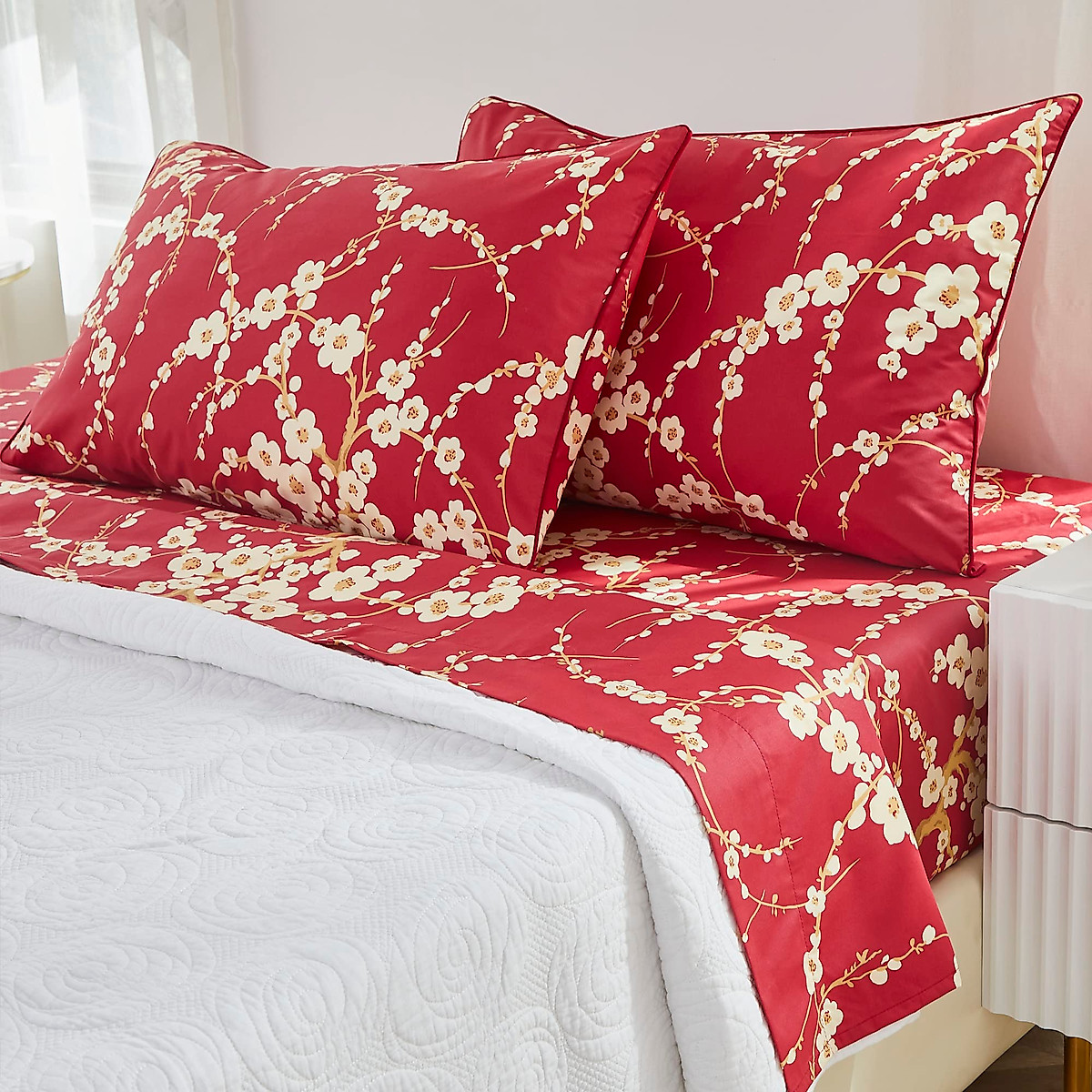 Brandream Floral Sheet Set Twin Size Japanese Oriental Style Cherry Red Blossom Flower Branches Print Chinoiserie Bedding Pillowcases Set 800TC Egyptian Cotton Sateen Botanical Tree Deep Pocket, 4 Pcs