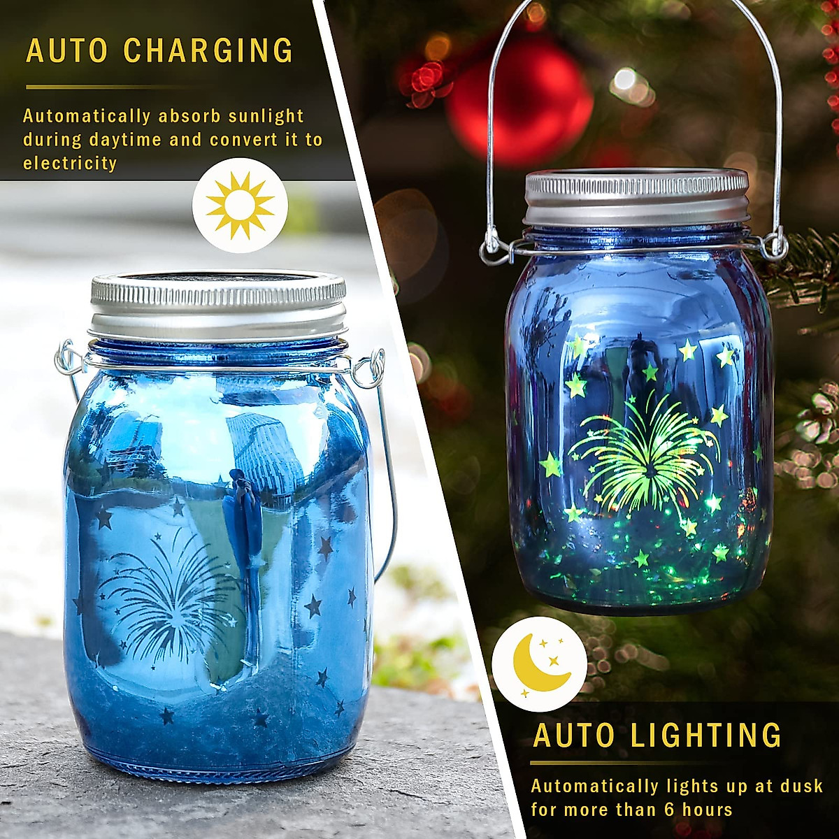 2 Pack Solar Lights Outdoor Decorative Lanterns Waterproof Solar Powered Glass Mason Jar with Color Changing LED Lights for Outdoor Garden Yard Lawn Tabletop Christmas Decorations, Blue