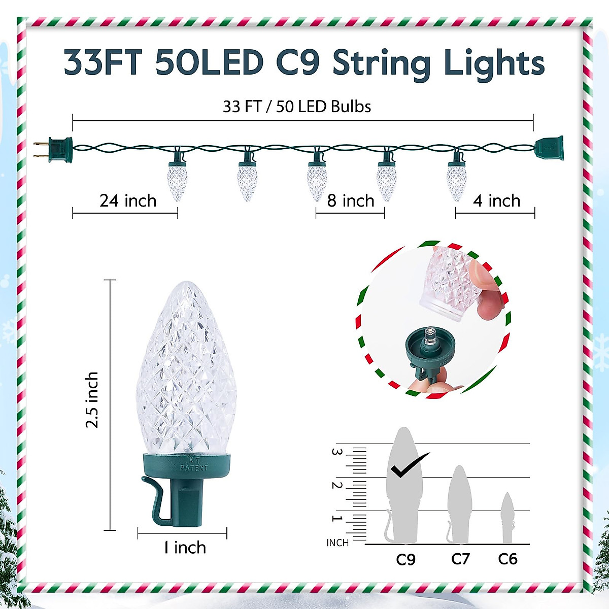 Brightown C9 LED Christmas String Lights, 33ft 50 LED Waterproof Strawberry String Lights, Extendable Green Wire Lights String for Outdoor Indoor Patio Party Decoration, Blue and White