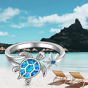 Fenthring Opal Ring Sea Turtle Rings Blue Opal Sterling Silver Adjustable Turtle Jewelry Starfish Good Luck Longevity Gifts Size 8