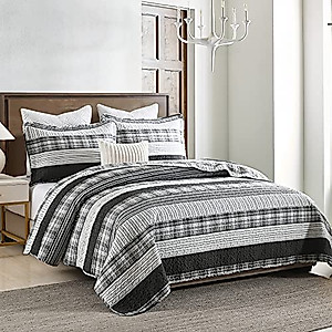 Homzard King Size Quilt,Black and White Striped Quilt King Size Bedding Set,Grey King Quilt Bedding Set,Farmhouse Lightweight Quilt Set for King Size Bed,100% Cotton Quilt Bedding All Season