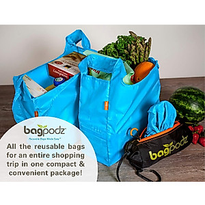 BagPodz Reusable Shopping Bags Inside a Compact Pod with Carry Clip RipStop Nylon Holds 50lbs Very Sturdy, 5 Pack in Blue