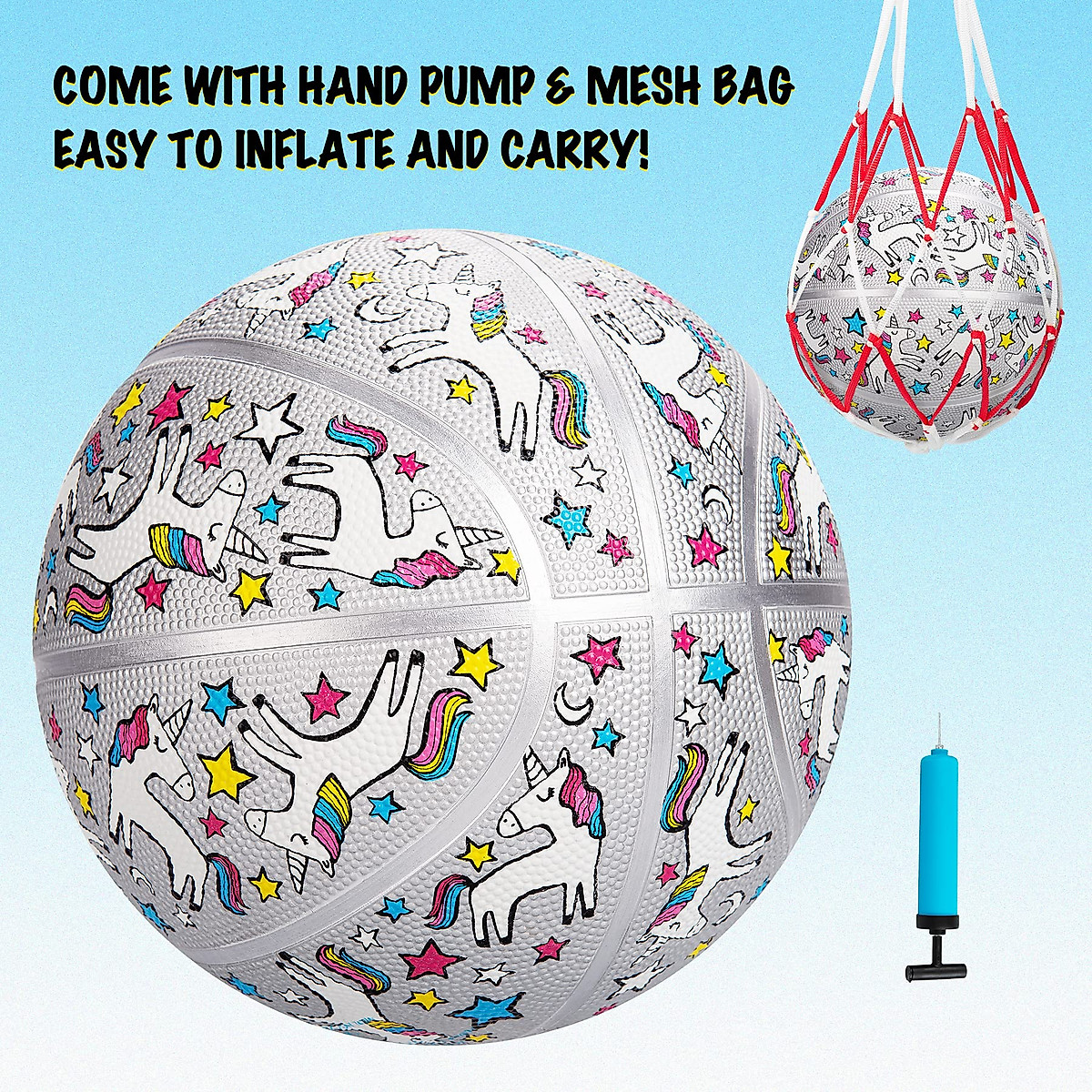 Richball Kids Basketball Size 5 Youth, 27.5" Girls Basketball Indoor Outdoor, Cartoon Unicorn Pink Basket Ball for Juniors Teens, Street Ball Games with 1 Pump, 1 Net