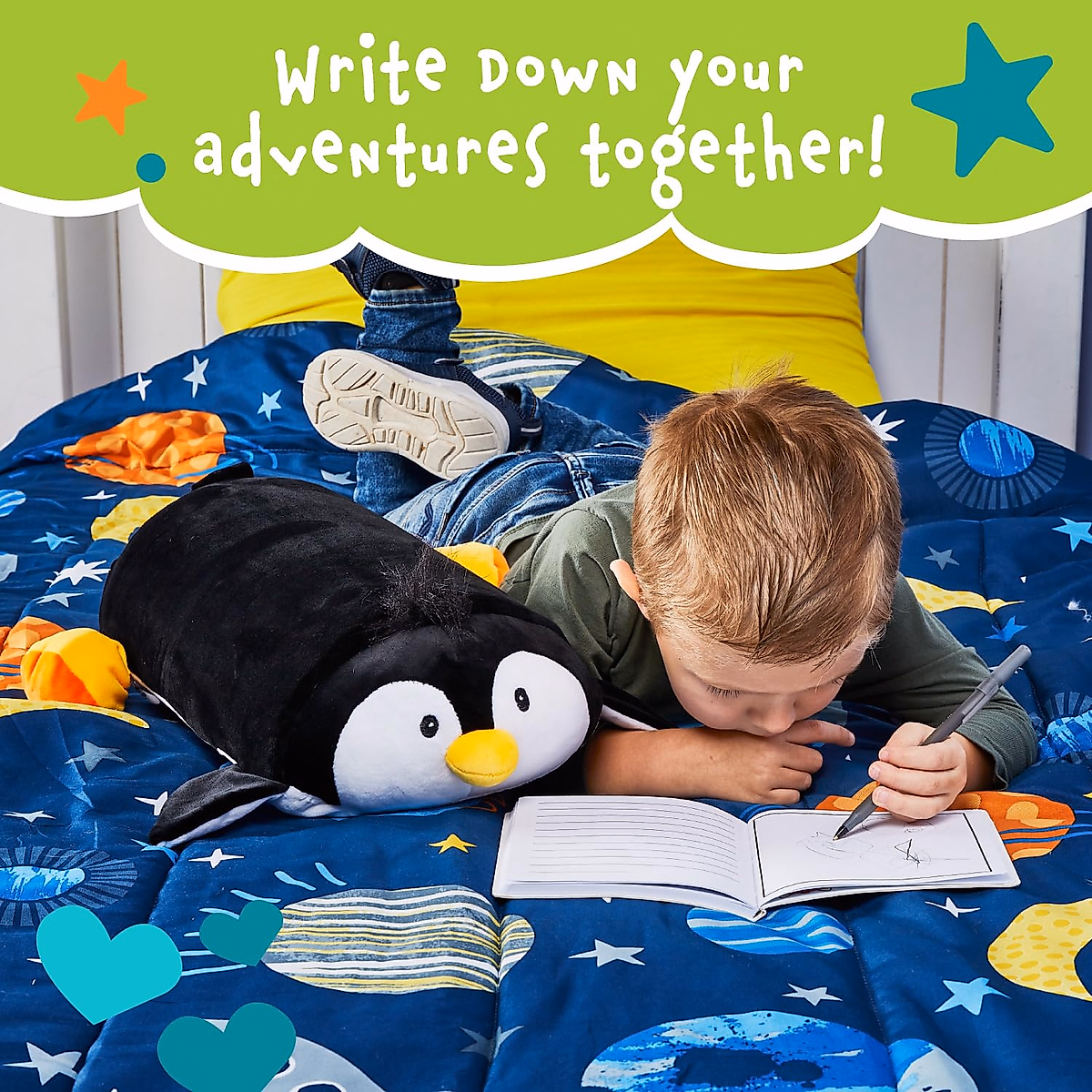 MEMORY MATES Cuddly Memory Foam Pillow Plush with Belly Pocket, Kids Pillow for Hugging Sleeping & Storing Diary, 15” Stuffed Animal & Journal Set - Waddles The Penguin