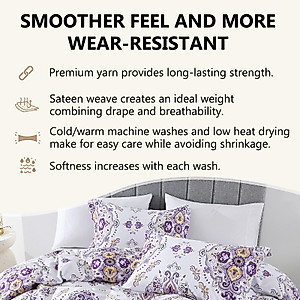 DUOMING Cotton Duvet Cover King - 100% Cotton Soft 3 Pieces Damask Duvet Cover, White and Purple Floral King Duvet Cover Set, Medallion Duvet Cover King with Zipper Closure & 8 Ties