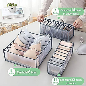 ABC life 3Pcs Underwear Drawer Organizer Set, Foldable Sock Bra Underpants Organizer Drawer Divider, Washable Closet Cabinet Storage Boxes for Clothes, Stockings, Ties and Bras (6+7+11 Grid, Grey)