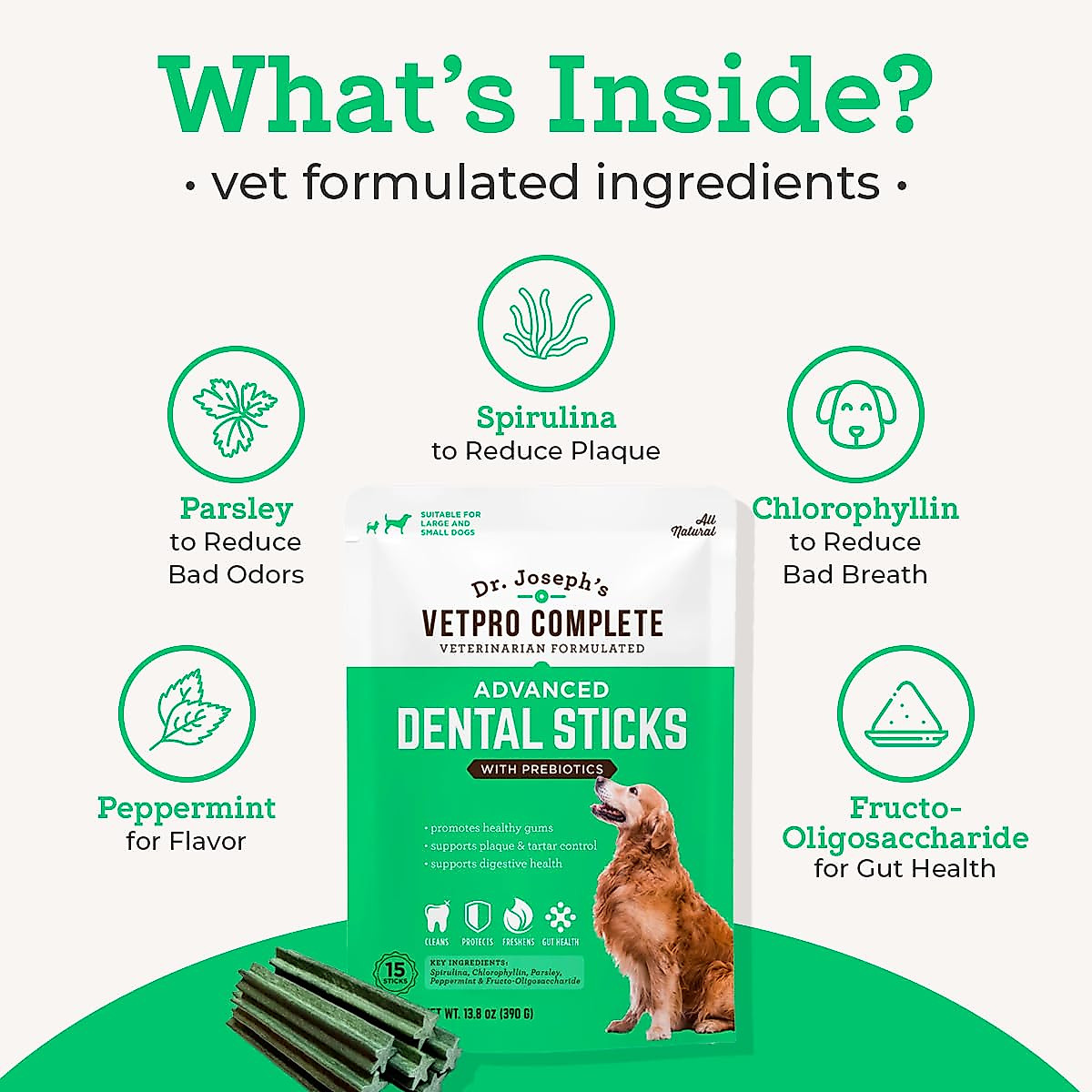 Vetpro Complete Advanced Dental Sticks with Prebiotics, 15 Sticks, Cleans Teeth, Freshens Bad Breath, and Supports Gut Health, Target Tartar and Plaque Build Up, Veterinarian Formulated