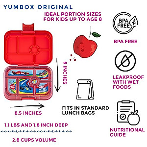 Yumbox® Original Leakproof Bento Lunch box for Kids, 5 Compartments + Dip Well, Easy-Open Latch, Just Right Portions, Removable Illustrated Tray (Roar Red - Race Cars), Ages 3-7