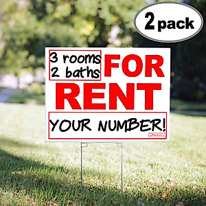 FOR RENT Yard Signs Double Sided Prints on 24" x 18" Corrugated Plastic Lawn Sign + Heavy Duty H-Stakes Wire Stand (2)