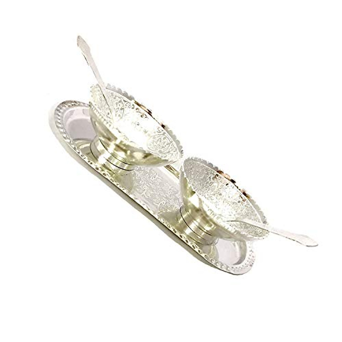 DBY Tradenet Dry Fruit Box Silver Color Plated Brass 2 Bowl 2 Spoon and 1 Tray Set Tray Sweet Mukhwas Supari Candy Chocolate Box Multipurpose Dry Fruit set Serving Tray