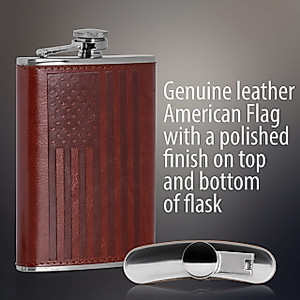 Maxam Stainless Steel Flask With Leather Embossed Flag Wrap, Lightweight Drinking Hip Flask with a Screw-On, Leak Proof Lid and Funnel, 8 Ounce Capacity
