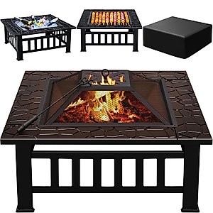 Greesum Multifunctional Patio Fire Pit Table, 32in Square Metal BBQ Firepit Stove Backyard Garden Fireplace with Spark Screen Lid and Rain Cover for Camping, Outdoor Heating, Bonfire and Picnic, Black