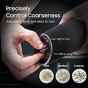 SimCoker Gravity Electric Salt and Pepper Grinder Set, Automatic Salt and Pepper Grinder Set Battery Operated, Adjustable Coarseness with LED Light, One Hand Automatic Operation, Spoon, Black, 2 Pack