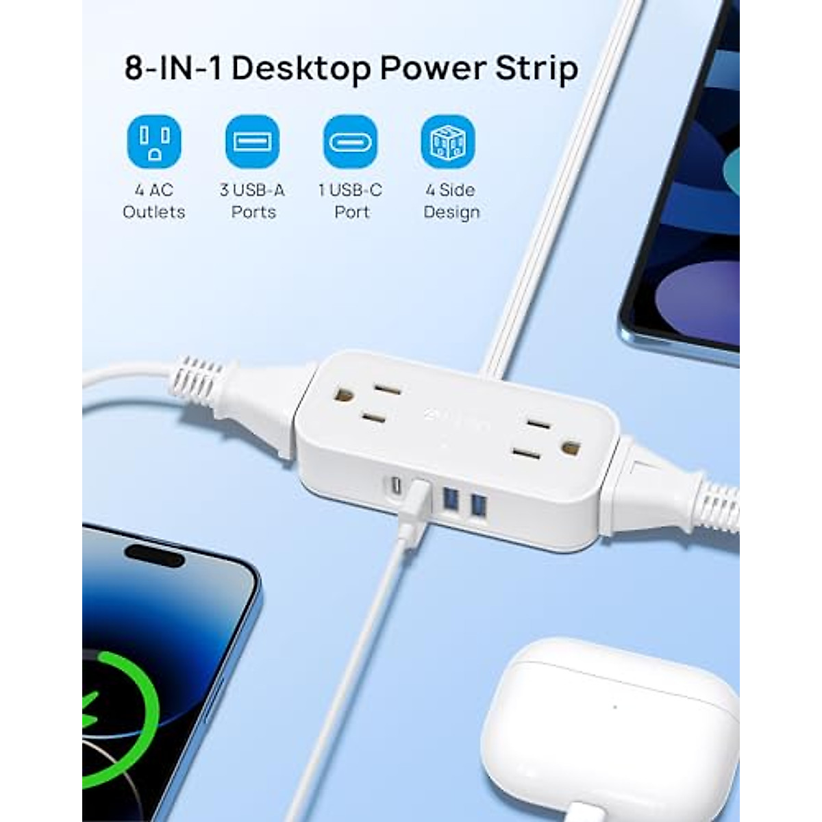TROND Flat Plug Power Strip, 5Ft Ultra Thin Extension Cord, Travel Power Strip with 4 USB Charger (1USB C), 4 AC Outlets, No Surge Protector for Travel, Cruise Ship, Dorm Room Essentials, White