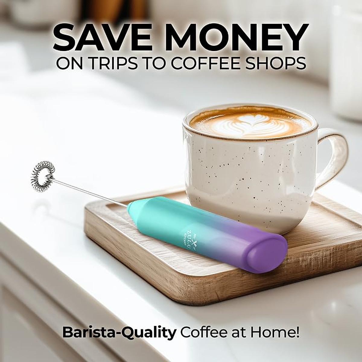 Zulay Kitchen Powerful Milk Frother Wand - Mini Milk Frother Handheld Stainless Steel - Battery Operated Drink Mixer for Coffee, Lattes, Cappuccino, Matcha - Froth Mate Milk Frother Gift - Aurora