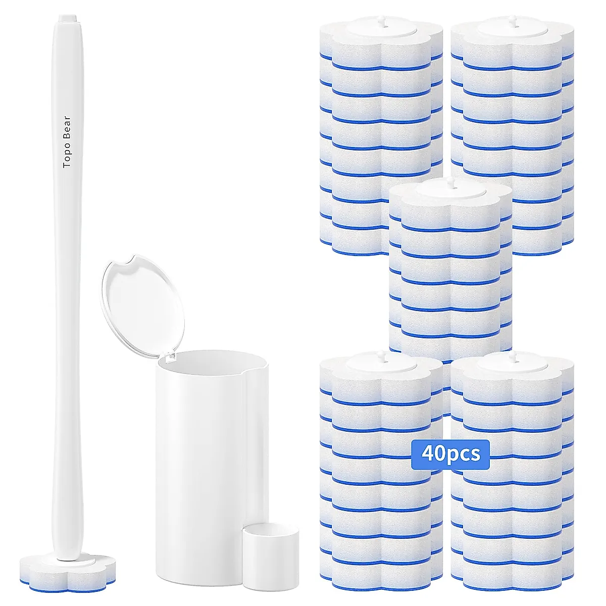 Topo Bear Disposable Toilet Bowl Brush with 40 Toilte Wand Refills, Toilet Bowl Cleaner Wands, Toilet Cleaning System Starter Kit