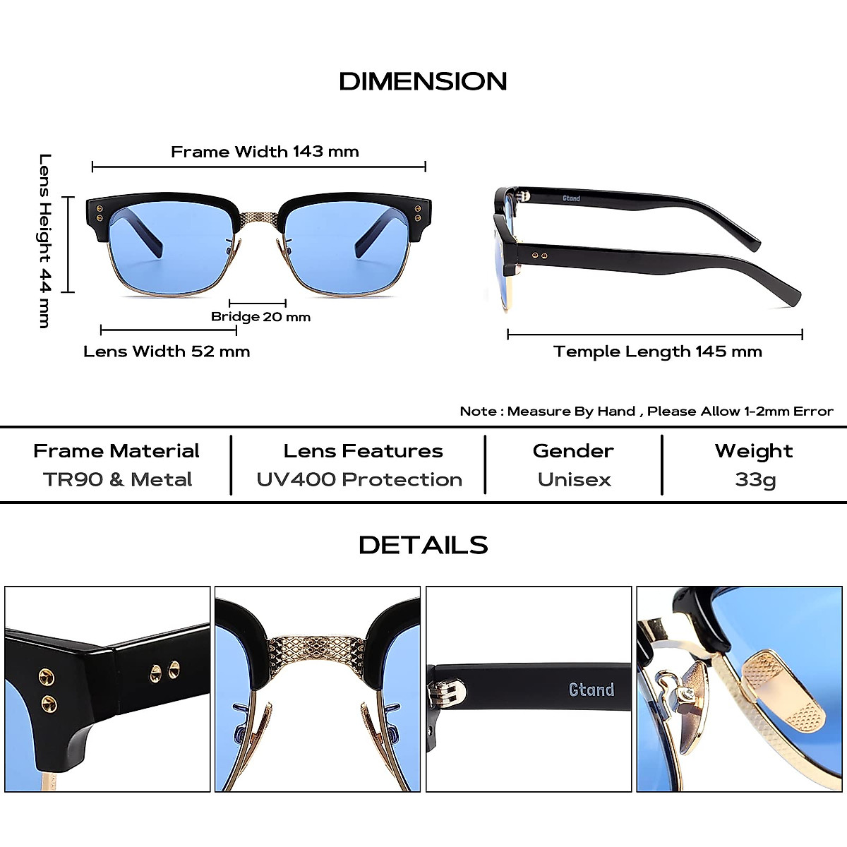 Gtand Vintage Retro Rectangle TR90 Frame Sunglasses For Men Women Fashion Semi-Rimless Metal Sun Glasses Eyewear