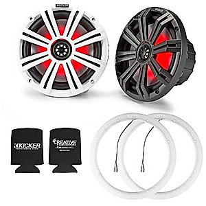 Kicker 45KM84L LED 8 Marine Coax with Charcoal and White Grills with a Pair of 47KLSR8 8 Inch Led Lighted Speaker Ring