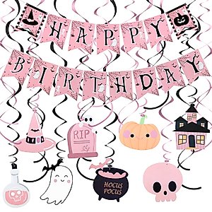 Pink Halloween Happy Birthday Banner and Halloween Birthday Hanging Swirls Happy Birthday Halloween Banner for Pink Girls Halloween Birthday Party Supplies