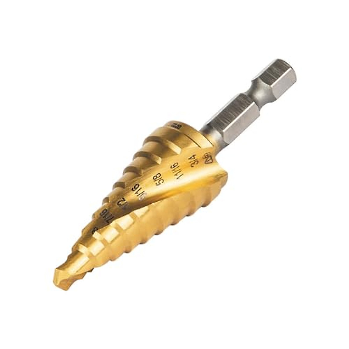 Klein Tools 25963 Step Drill Bit, 1/4 to 3/4-Inch, Spiral Double-Fluted, Cuts Thin Metal, Plastic, Aluminum, Wood, 1/4-Inch Hex Shank, VACO