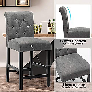 LSSBOUGHT Counter Stools,24 inches Upholstered Counter Height Chairs with Button-Tufted and Solid Wood Legs Set of 2（Gray）