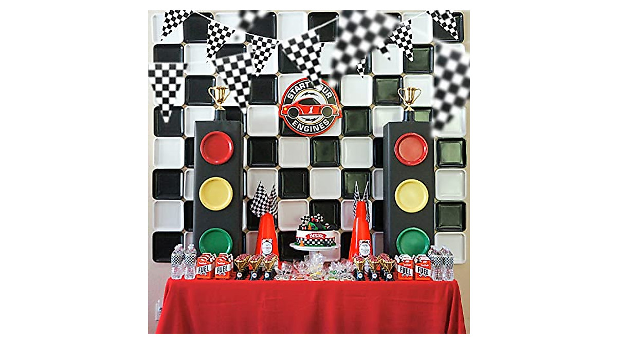 Piokio 100ft Racing Checkered Flag Banner for NASCAR & Parties