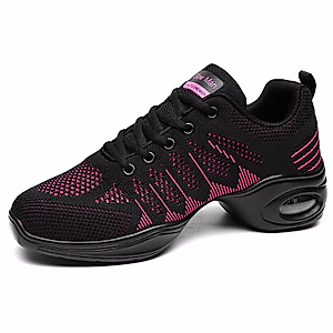 Women's Jazz Shoes Lace-up Sneakers - Breathable Air Cushion Lady Split Sole Athletic Walking Dance Shoes Platform Black&Pink,7