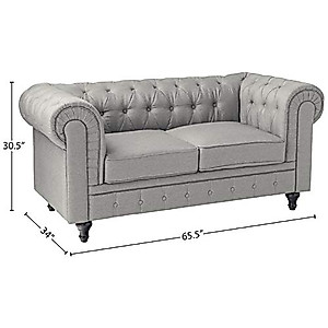 Container Furniture Direct Grace Collection Chesterfield Button Tufted Bonded Leather Living Room Loveseat, Grey
