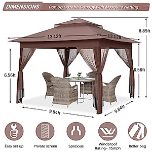Gazebo, CBBPET 13'x 13' Pop Up Gazebo with Mosquito Netting, Outdoor Gazebo Canopy with Double Roof Tops and 169 Square Feet of Shade for Patio, Group Gatherings, Camping Shelter (Brown)