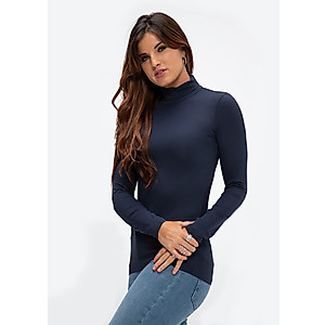 DEVOPS Womens 2 Pack Long Sleeve Mock Turtleneck Stretch Fitted Thermal Underlayer Shirts (Navy/Red, Medium)