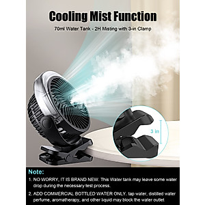 FRIZCOL Clip on Fan with Misting - 6000mAh Portable Fan with Light & Hook - Rechargeable Fan Battery Powered Up to 40 Hours Cooling & 2h Misting for Travel, Office, Desk