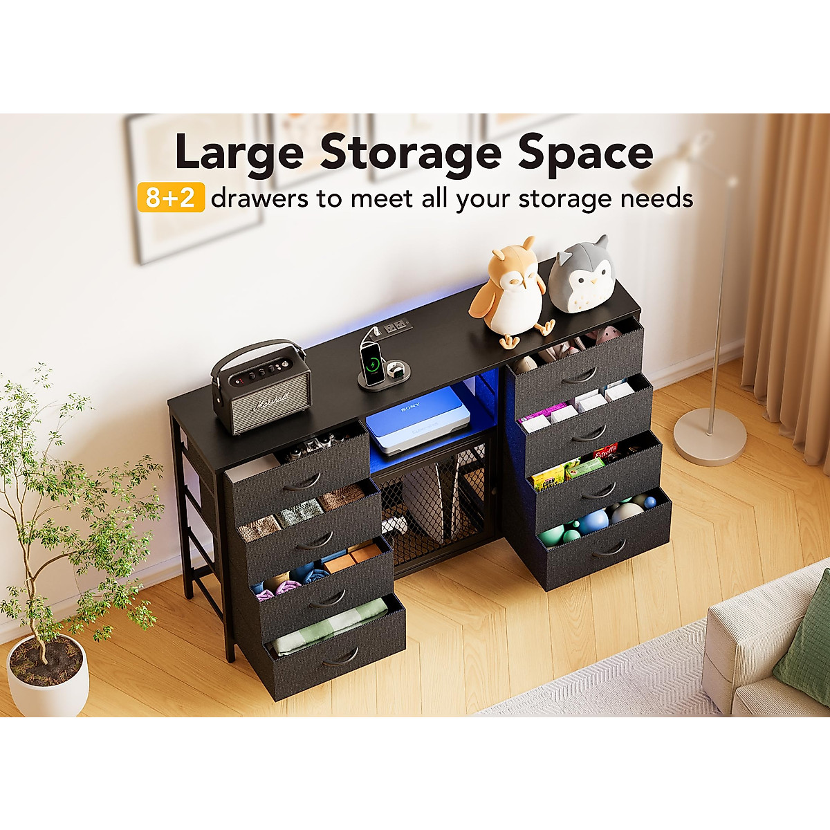 Decofy Dresser for Bedroom with LED Lights and Power Outlets, 8 Drawers TV Stand Dresser for 65 Inch TV, Fabric Chest of Drawers with Open Shelves, Black Dressers for Bedroom, Closet