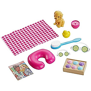 Barbie Spa Doll Toy Set with Puppy & 9 Accessories Including Neck Pillow, Rubber Duck & Cucumber Eye Masks, Blonde Doll